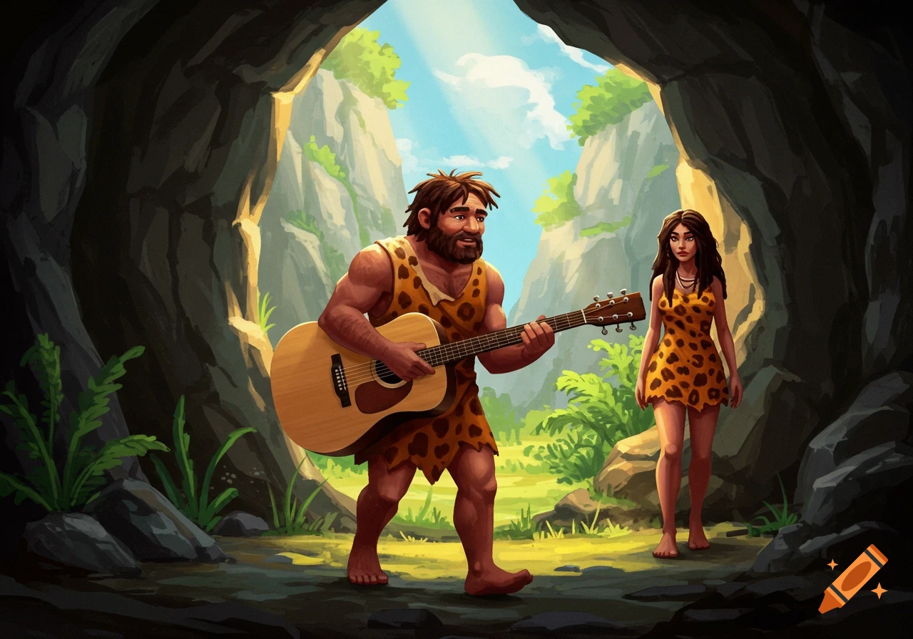 Illustration Of A Caveman Playing Guitar For A Cavewoman Outside A Cave