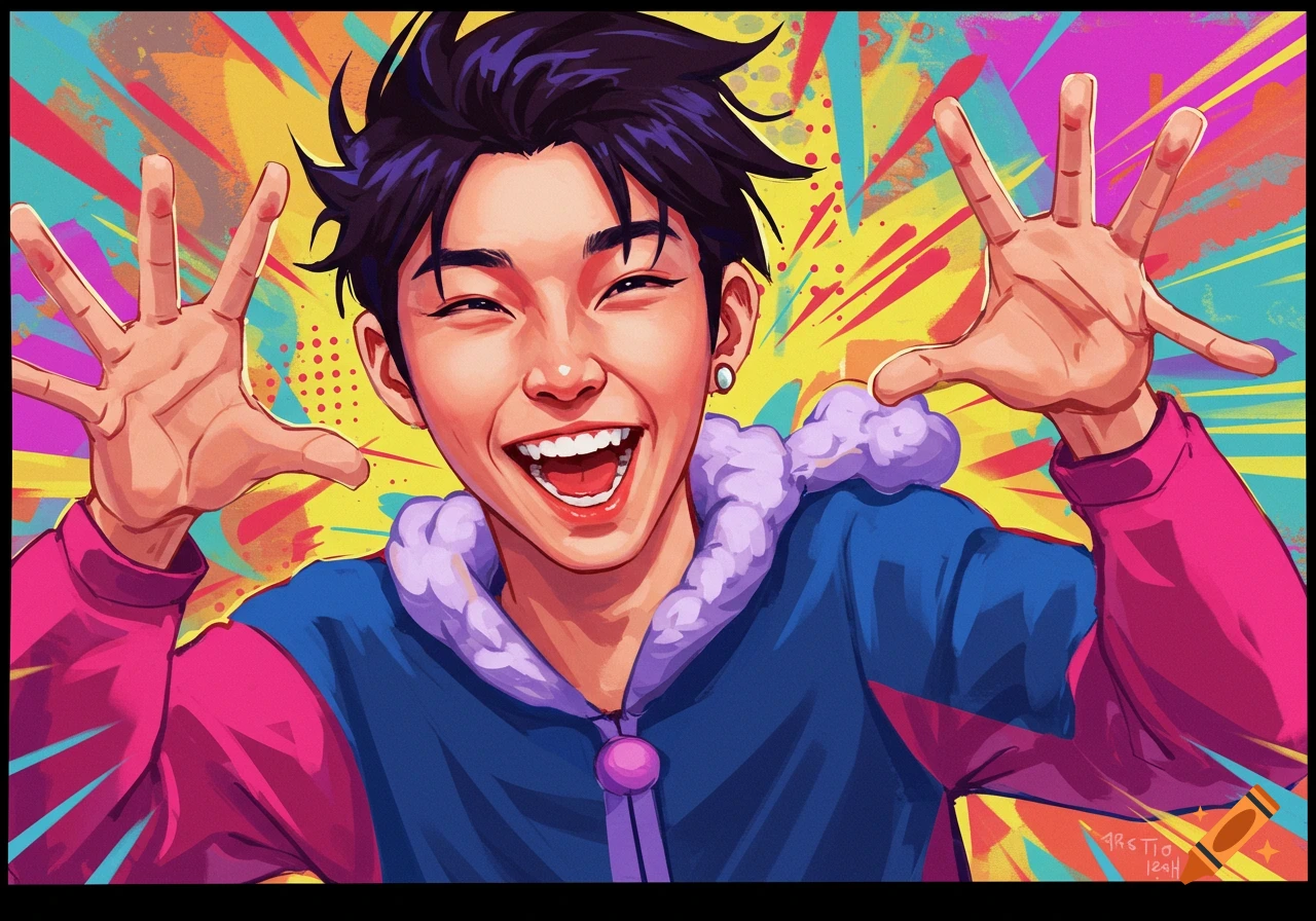 A young person smiles widely with hands raised in a colorful, stylized ...