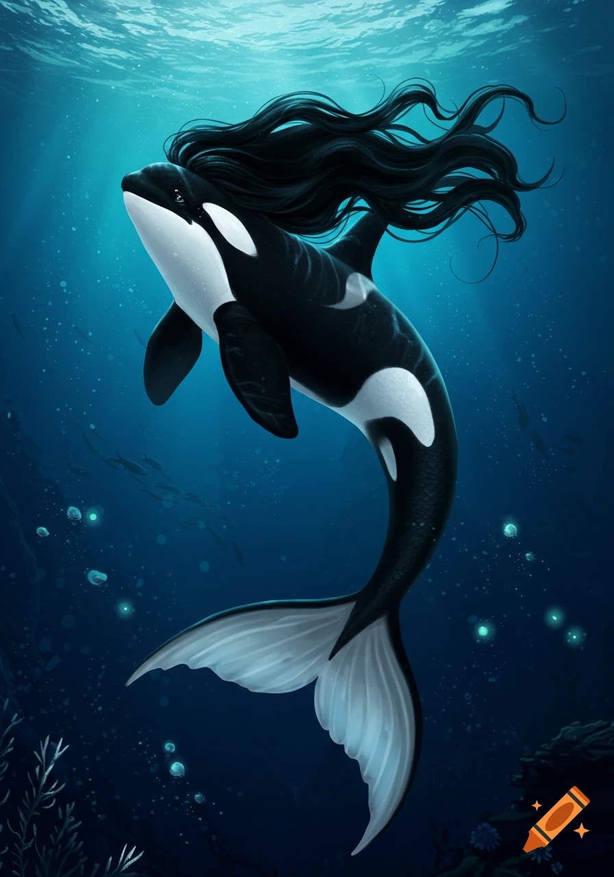 An orca-like mermaid with long black hair and a fluke tail swims ...