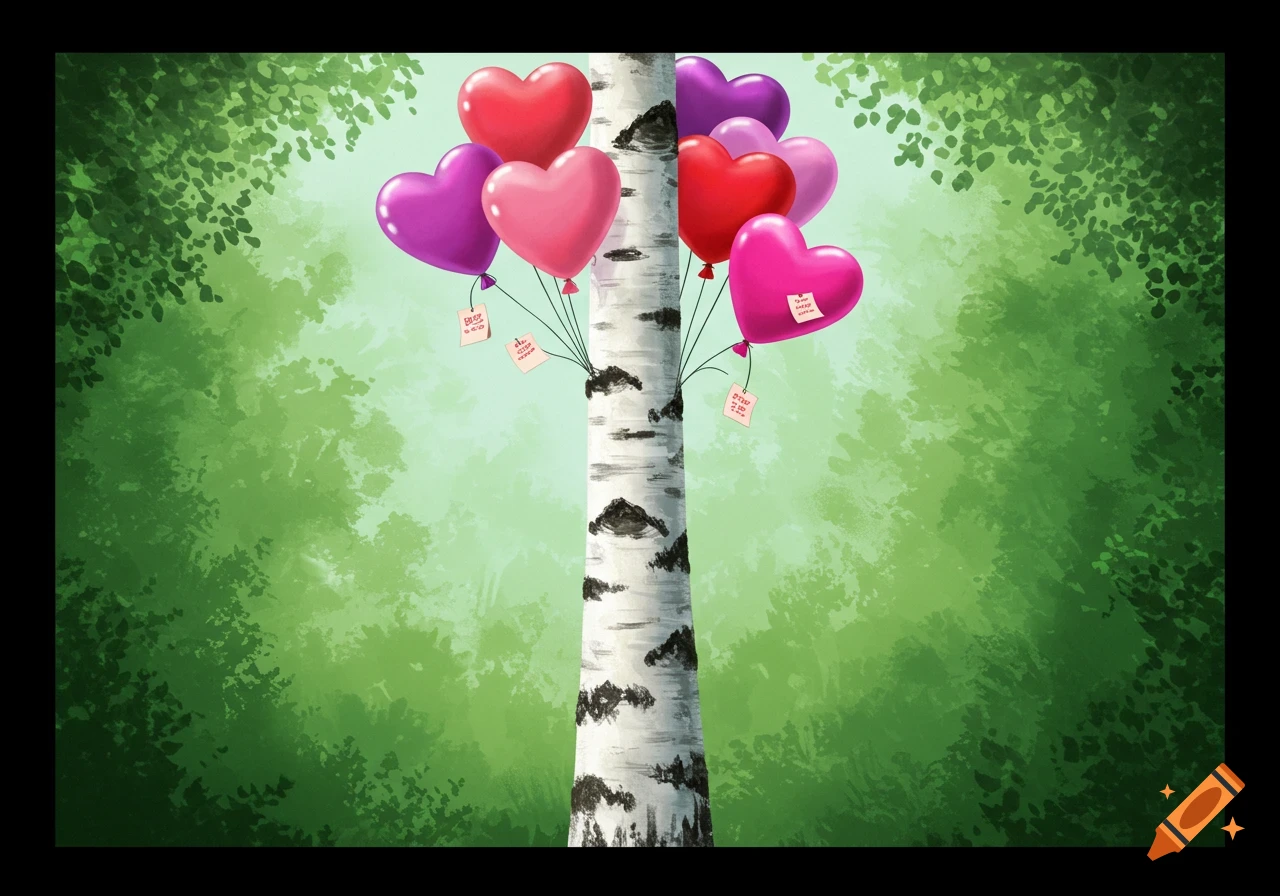 A birch tree with heart-shaped balloons tied to it, in a painterly ...