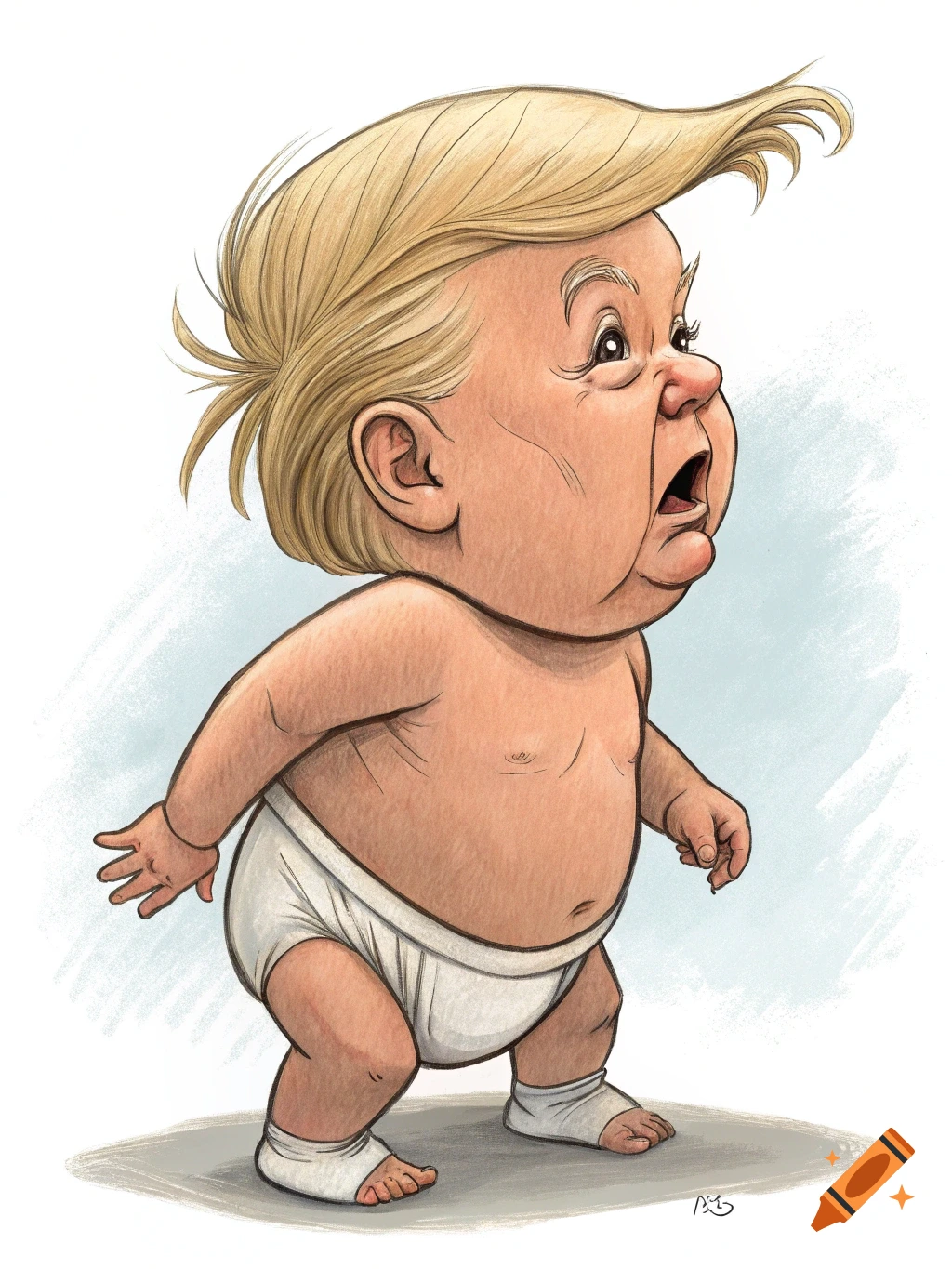 Cartoon caricature of a baby with Donald Trump's hair and features ...