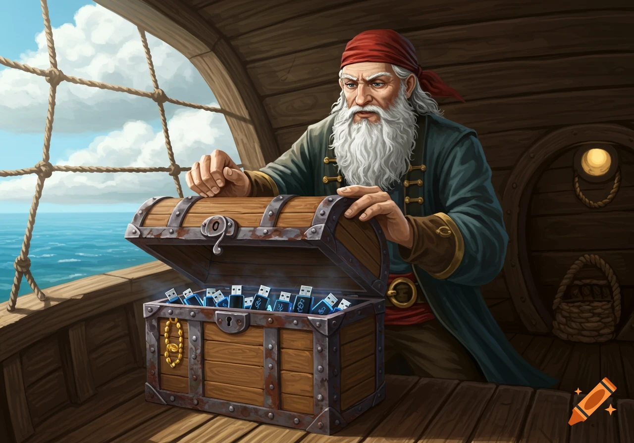 An old pirate opens a treasure chest filled with flash drives on a ship ...