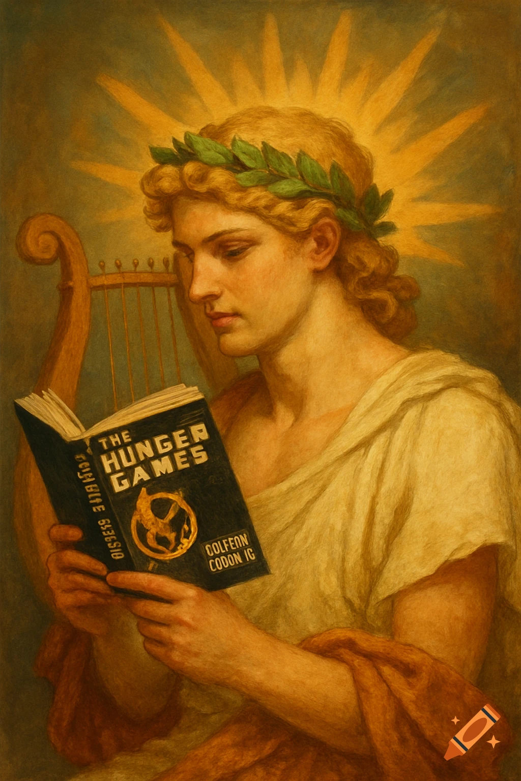 Classical painting of Apollo reading a book titled 'The Hunger Games ...
