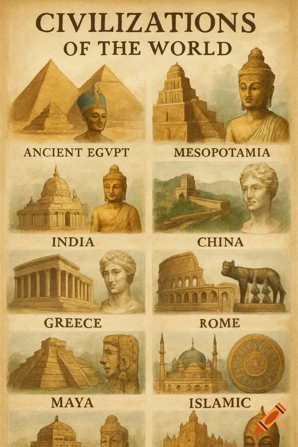 Vintage-style educational chart showing landmarks and figures ...