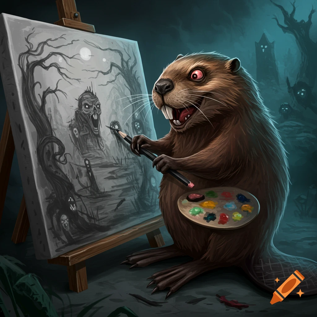 A beaver artist paints a scary scene of zombies and spooky trees. on ...