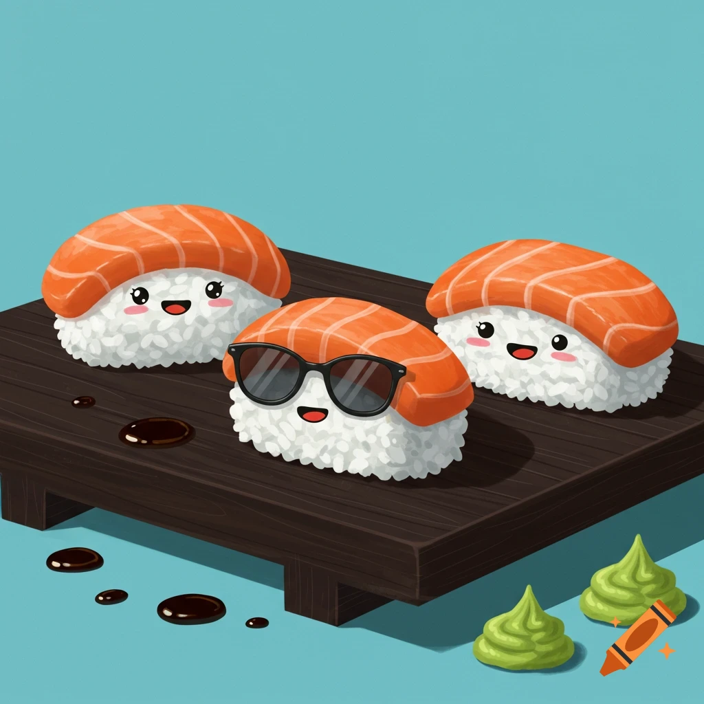 Three cute smiling sushi pieces, one wearing sunglasses, on a dark ...