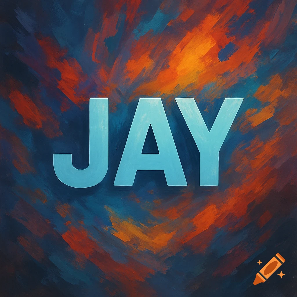 The name JAY in blue letters over an abstract painting background of ...
