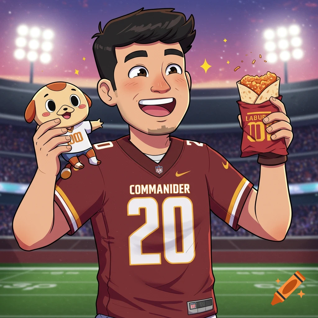 Cartoon man in Washington Commanders jersey holding a toy dog and a ...