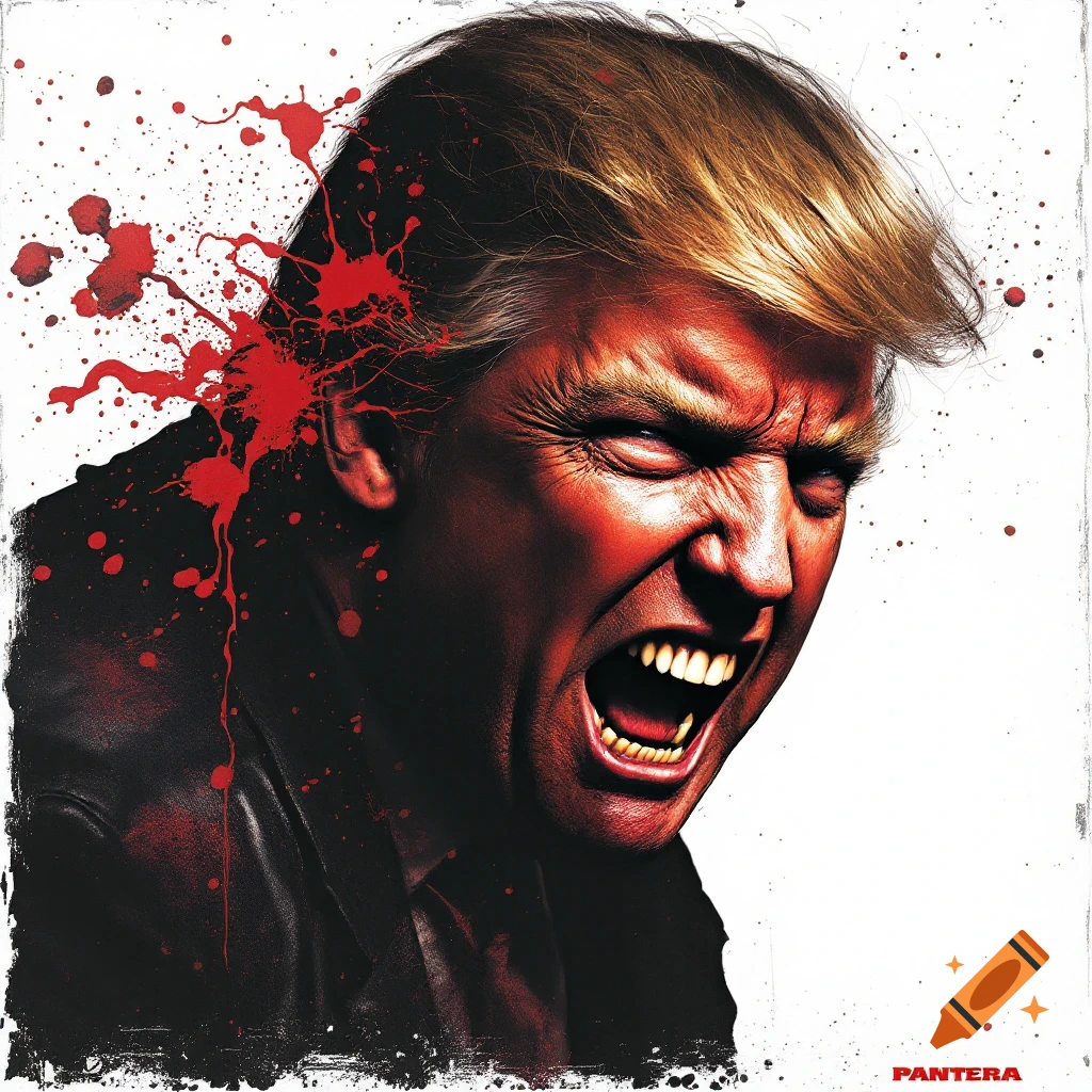 Stylized portrait of a man with angry expression and red splatter ...