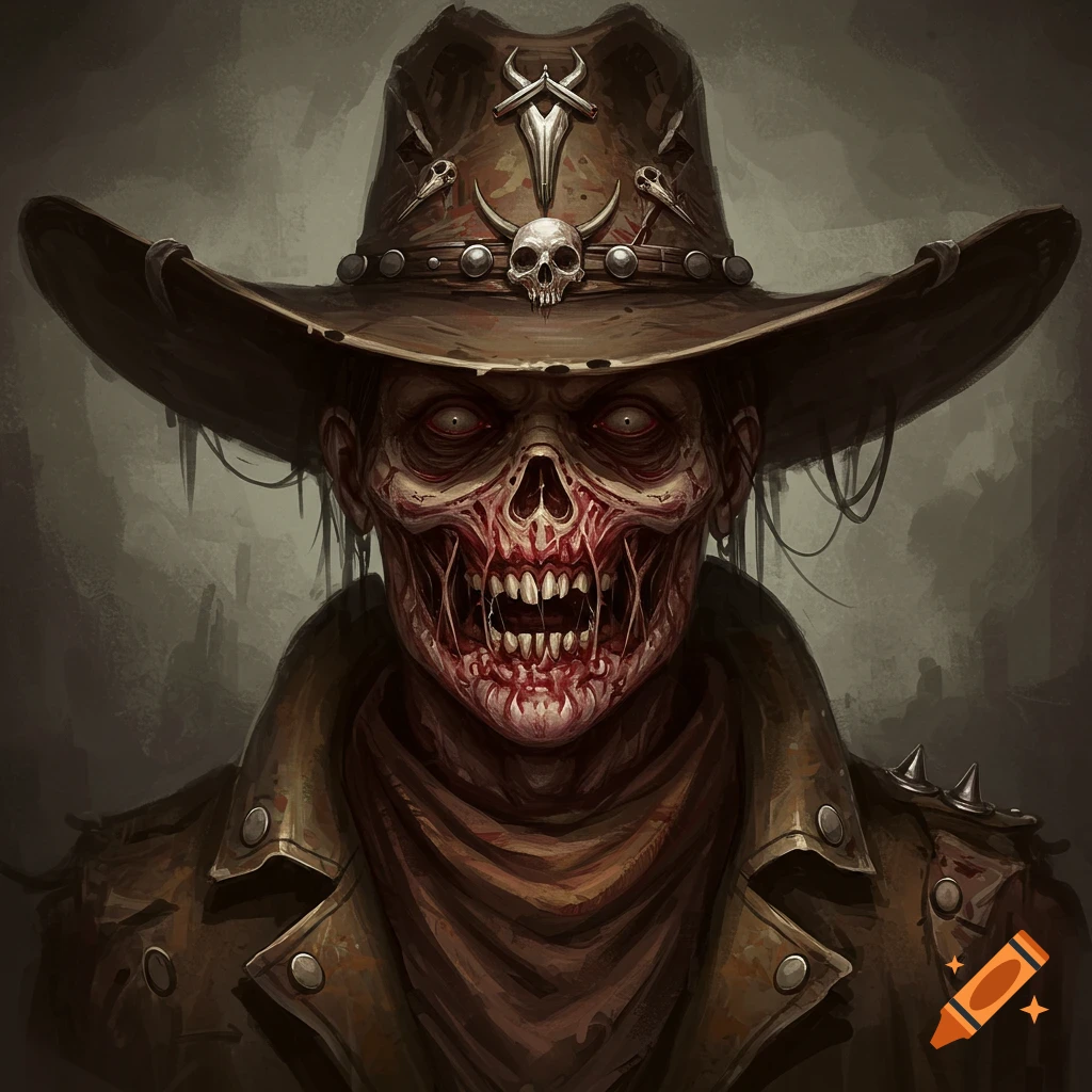 A gruesome undead cowboy face with exposed teeth and muscle, wearing a ...