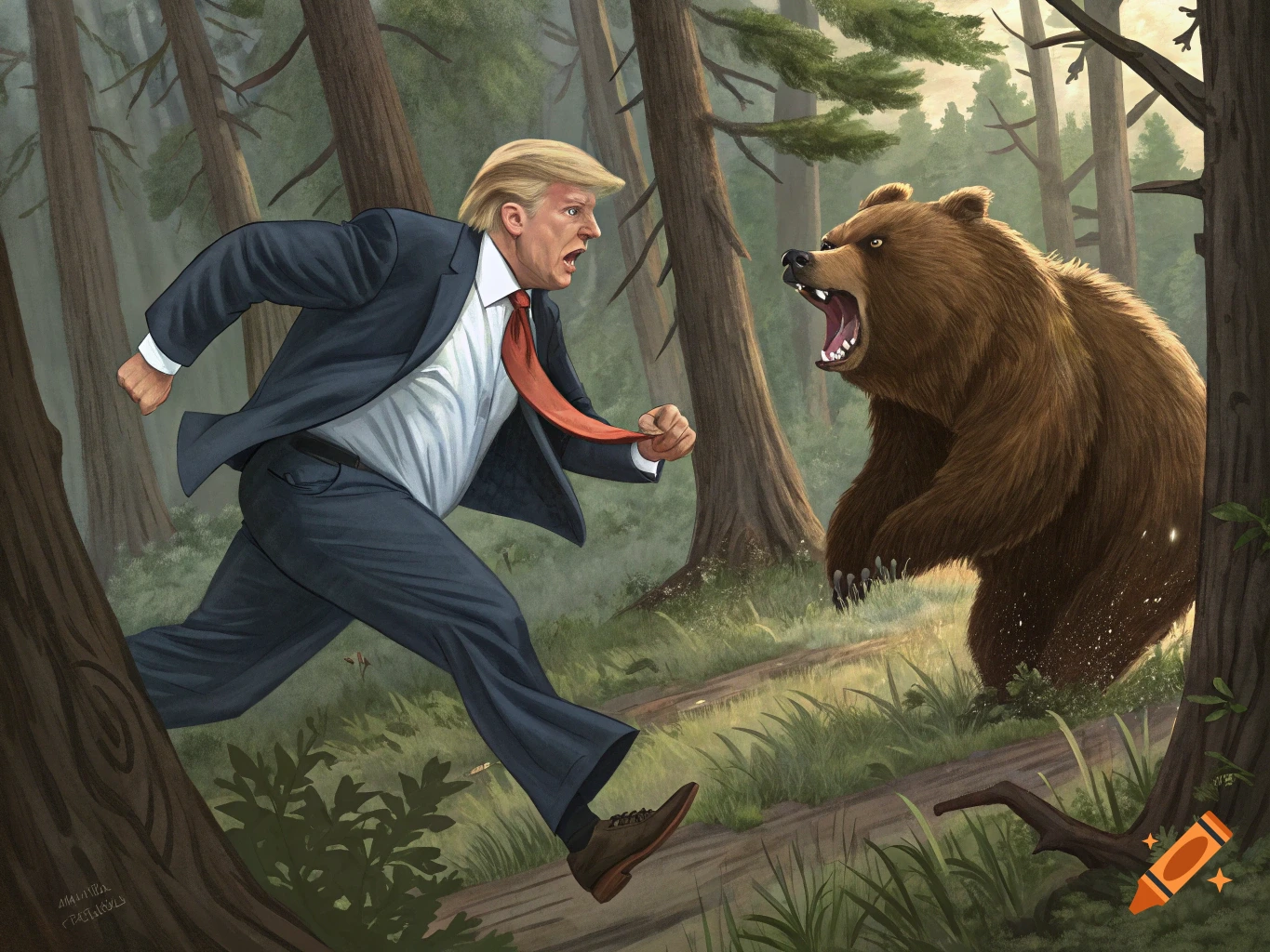 Illustration of Donald Trump in a suit running from a roaring grizzly ...