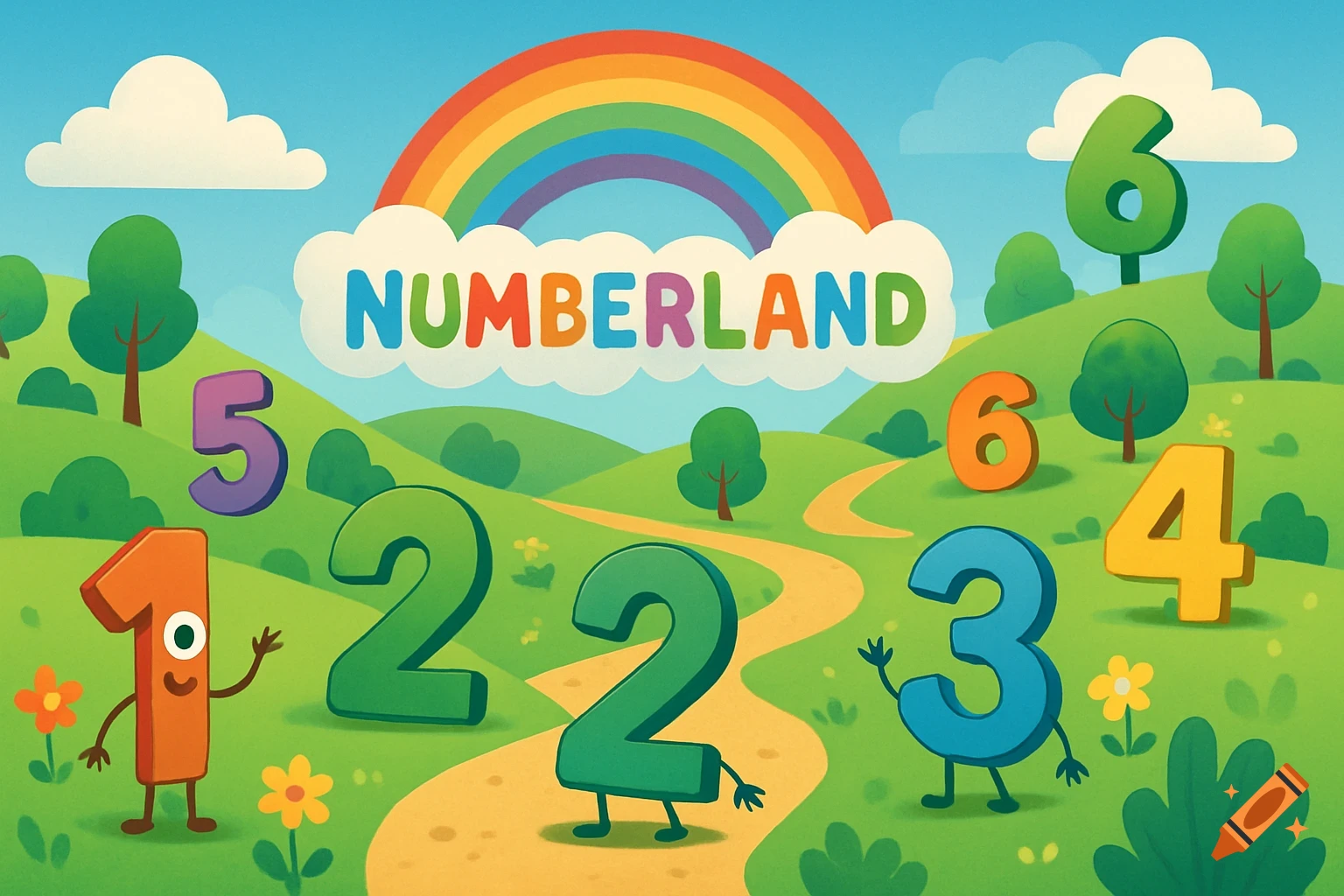 Animated numbers walk in a colorful landscape with a rainbow above the ...