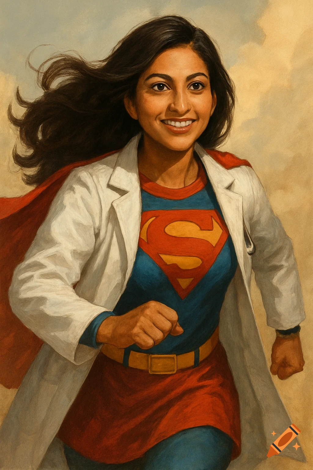 A painting of an Indian American woman in a doctor's coat and a ...