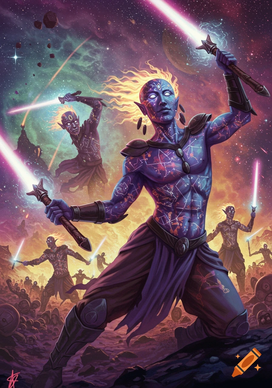 Blue-skinned cosmic warriors with energy swords battle on an alien ...