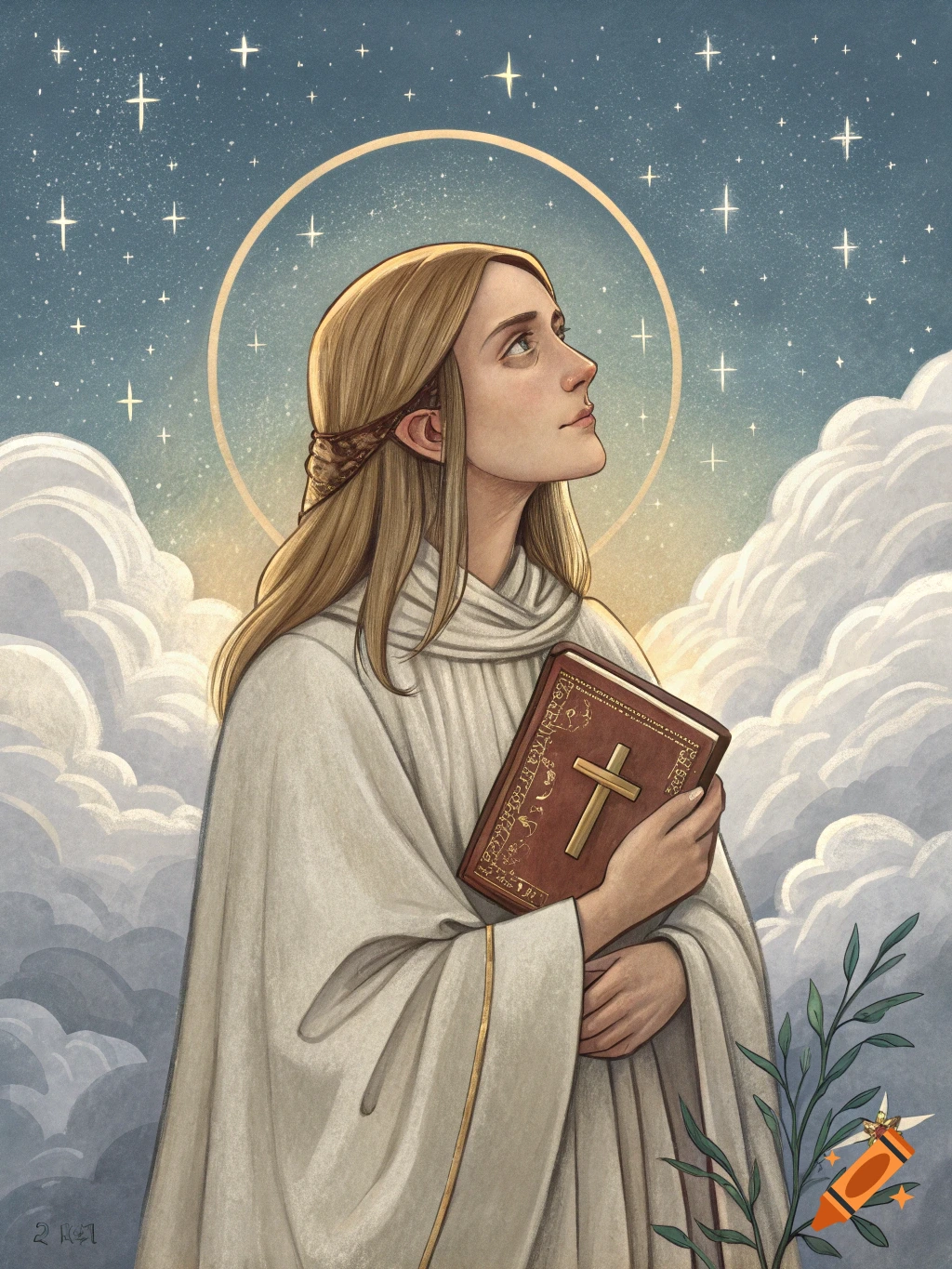 Illustration of a saintly figure holding a book, looking up at a starry ...