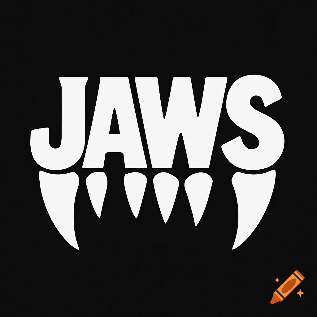 White JAWS logo with teeth on a black background. on Craiyon