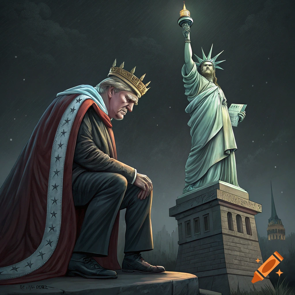 Trump wearing a crown and cape sits next to the Statue of Liberty at ...