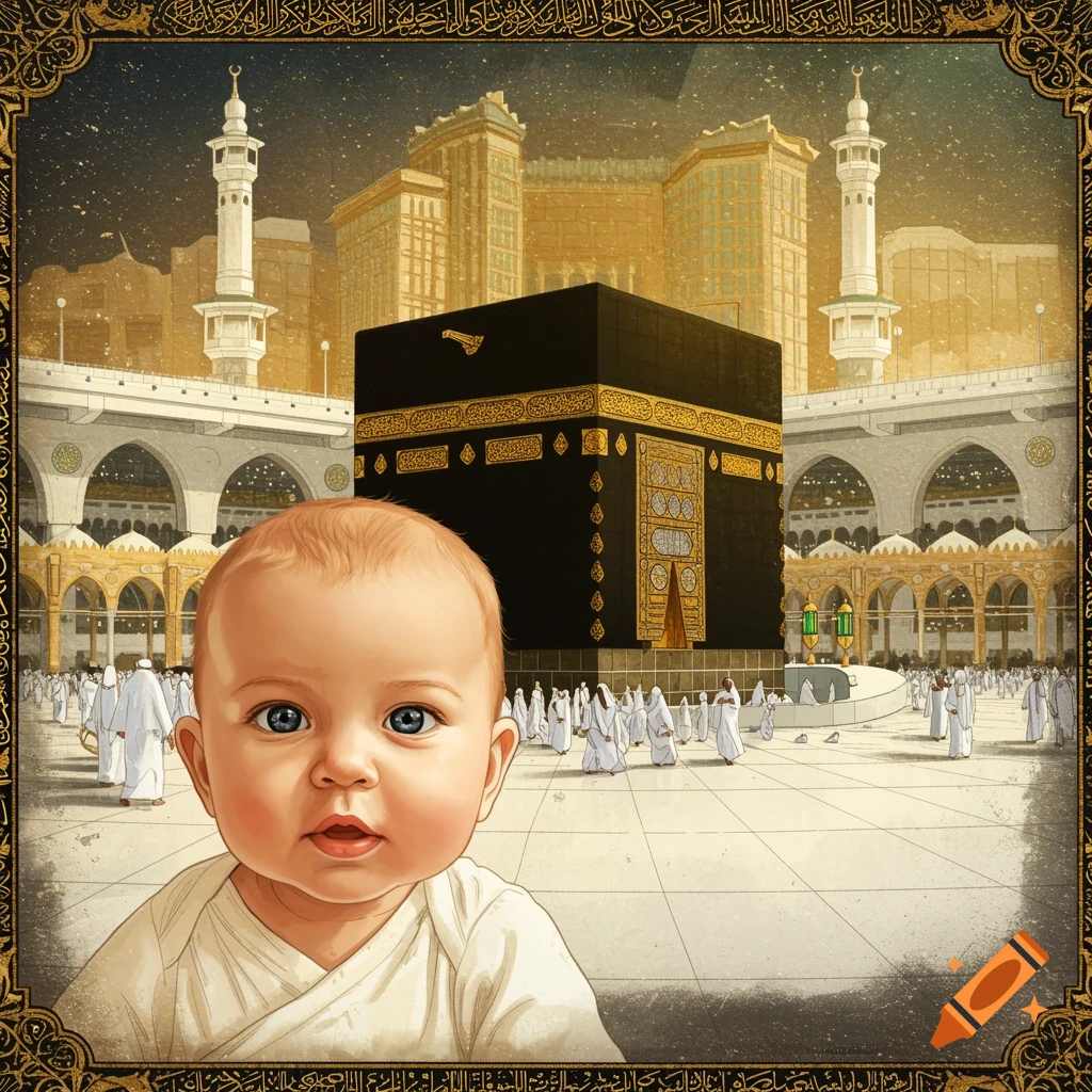 Close-up of a baby in front of the Kaaba in Mecca, with people ...