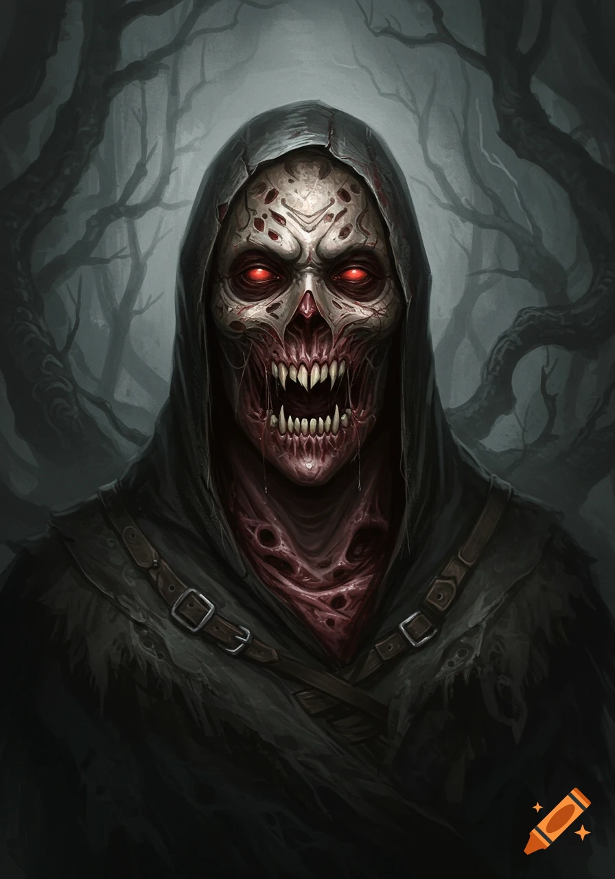 A terrifying undead creature with glowing red eyes and sharp teeth wearing a dark hood in a ...