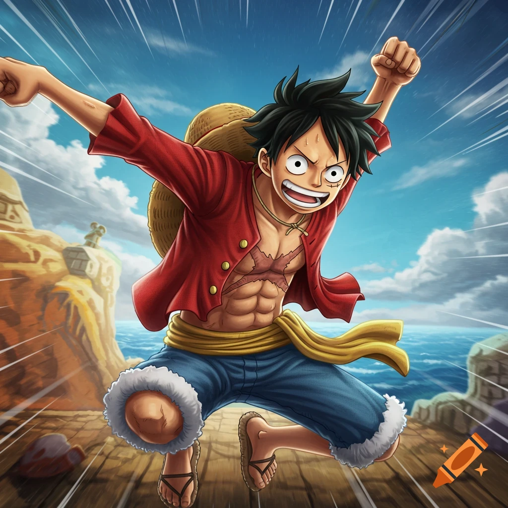 Anime illustration of Luffy from One Piece jumping energetically on a ...