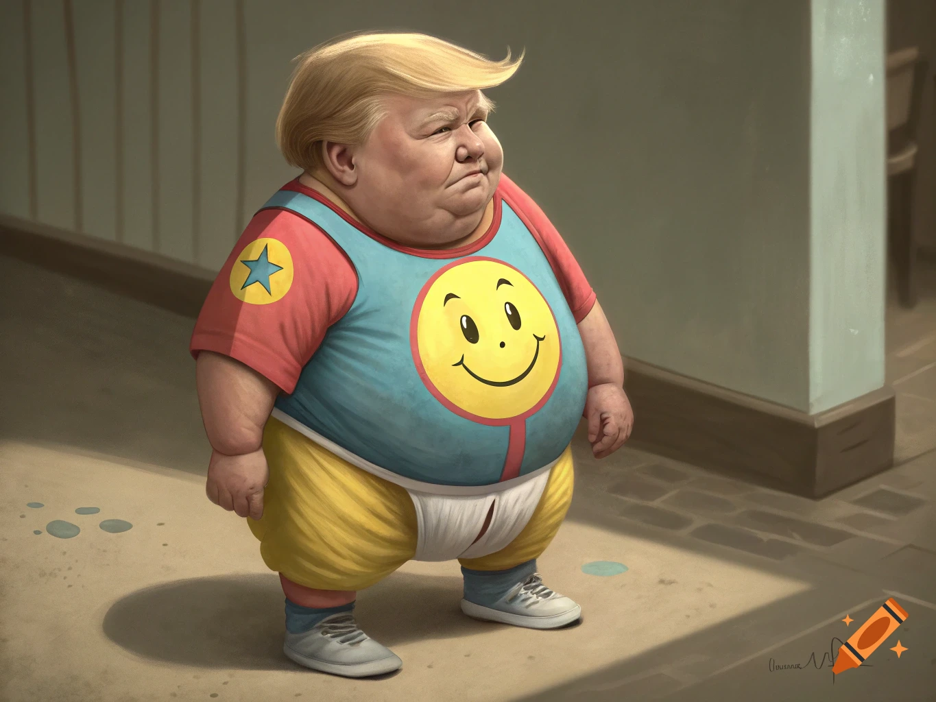 Illustration of Donald Trump as a baby wearing a diaper and a colorful ...