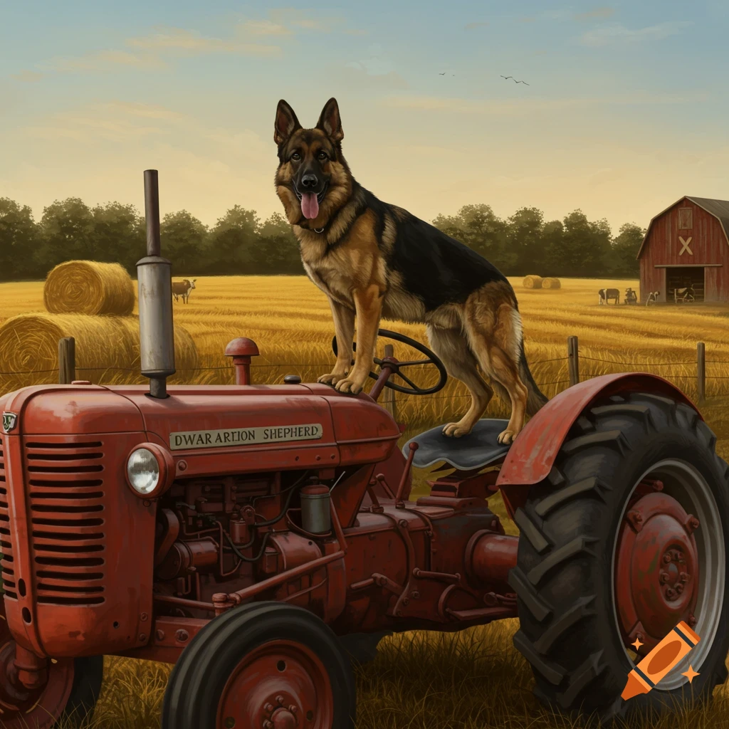 German shepherd dog standing on a red tractor in a farm field. on Craiyon