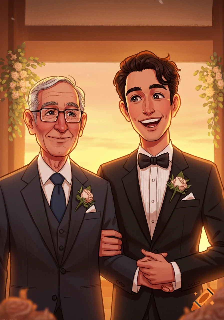 Illustration of two men in suits smiling at a formal event, possibly a ...