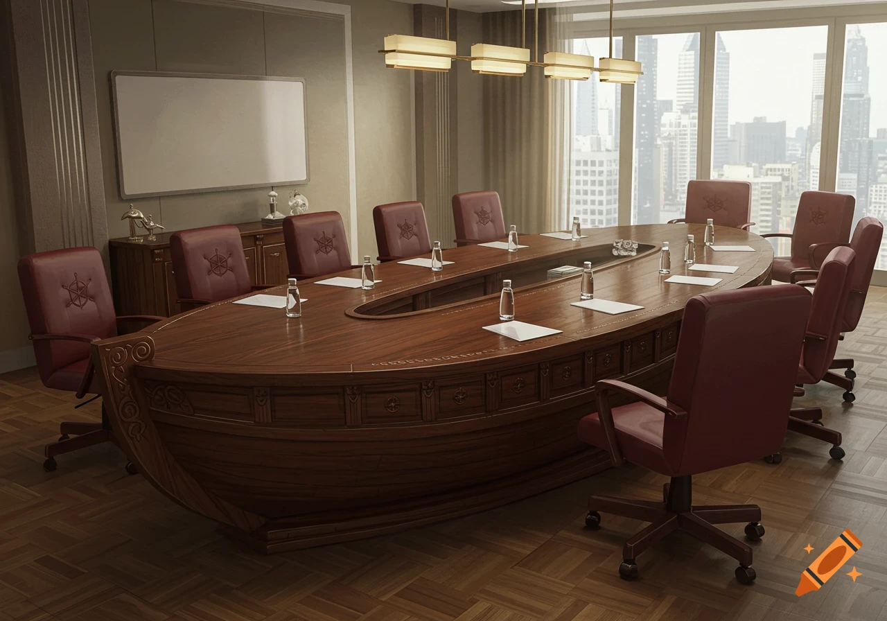 A luxurious conference room with a large, boat-shaped wooden table and ...