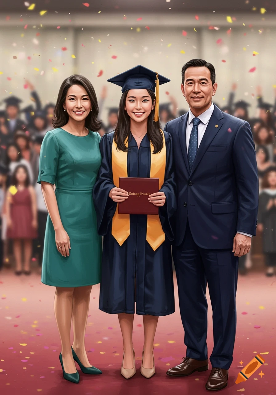 Illustration of an Asian graduate posing with her parents at a ceremony ...