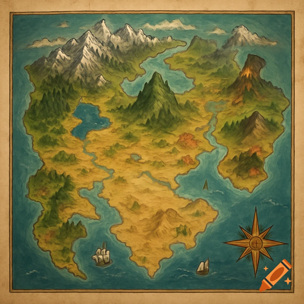 An old-fashioned map of a fantasy world with mountains, rivers, islands ...