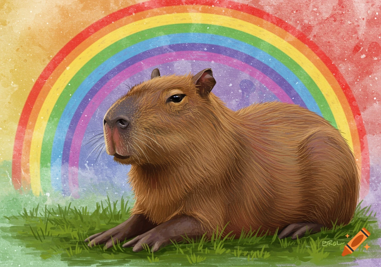 A detailed illustration of a capybara sitting in grass under a vibrant ...