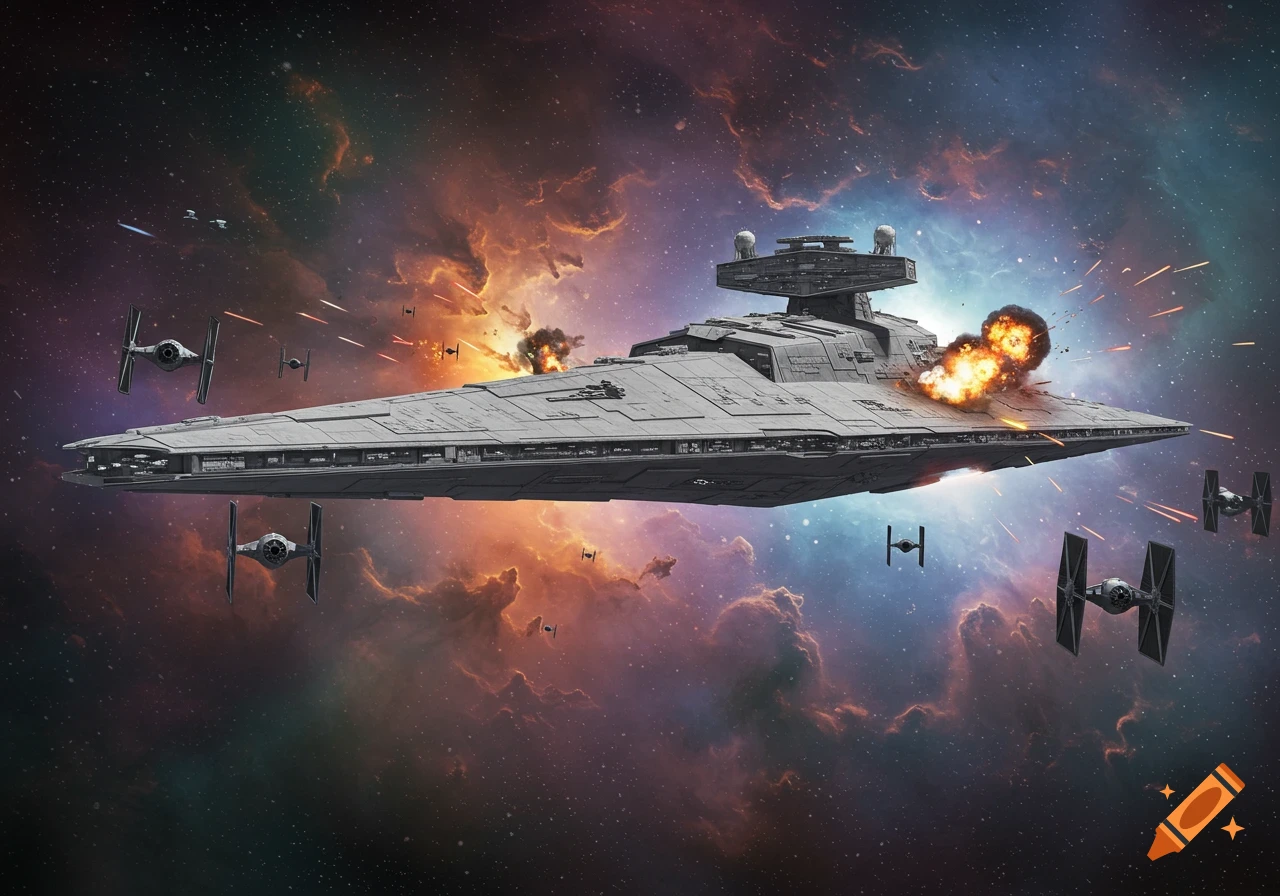 An Imperial Star Destroyer explodes in space surrounded by TIE fighters. on Craiyon