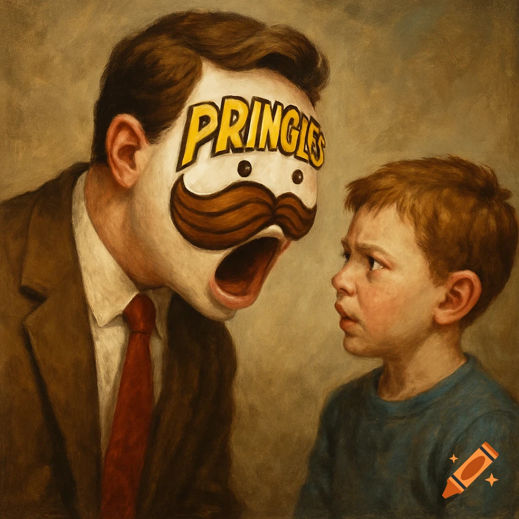 Painting of a man with a Pringles logo for a face yelling at a young ...