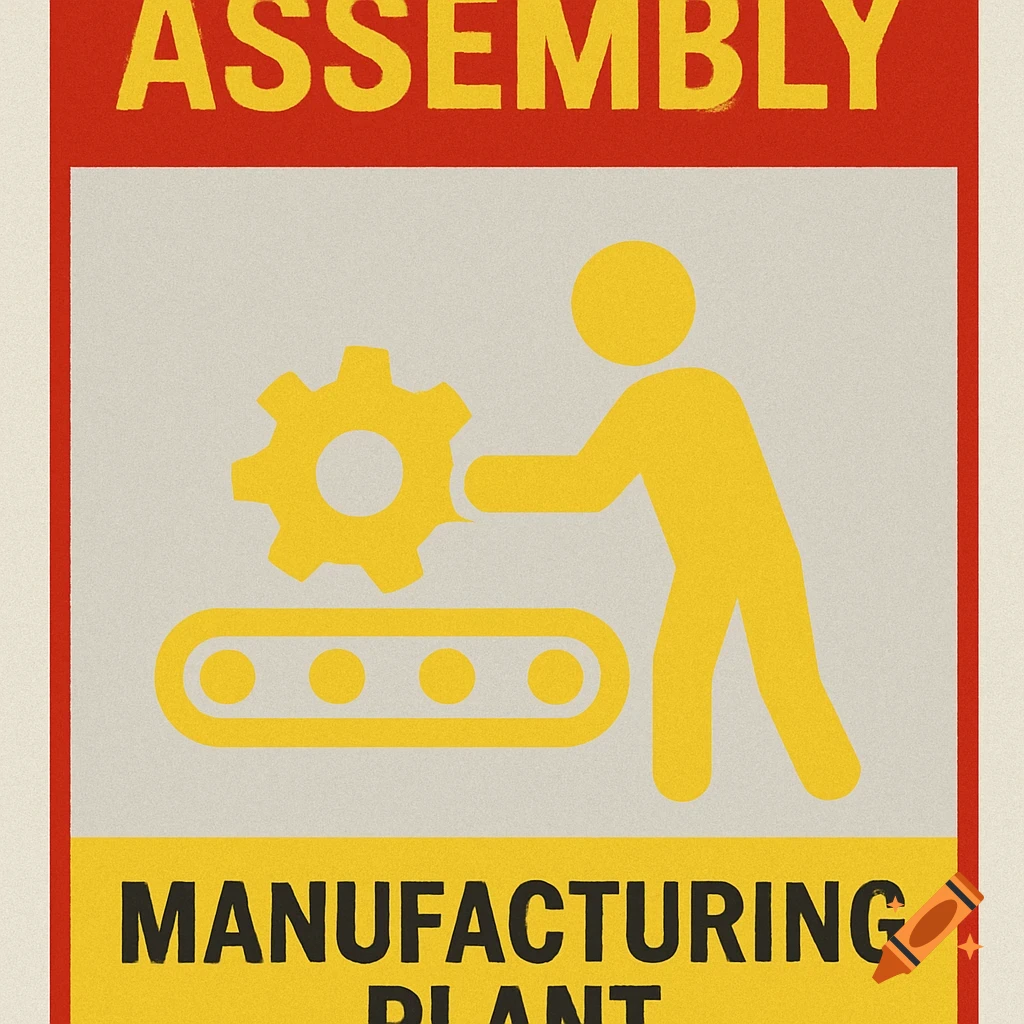 Graphic sign with yellow stick figure on a conveyor belt. Text reads ...