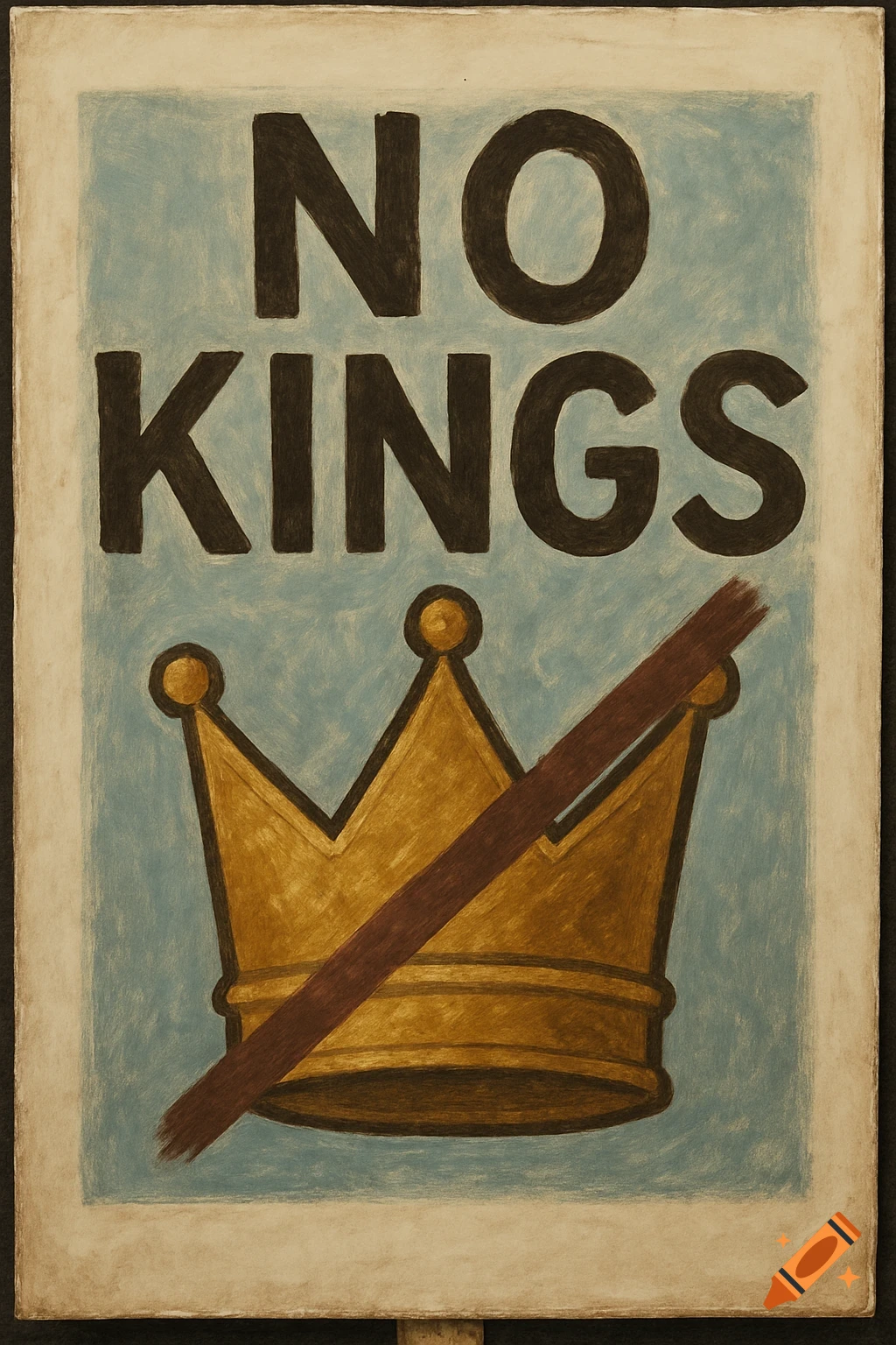A drawing of a protest sign saying NO KINGS with a gold crown below it ...