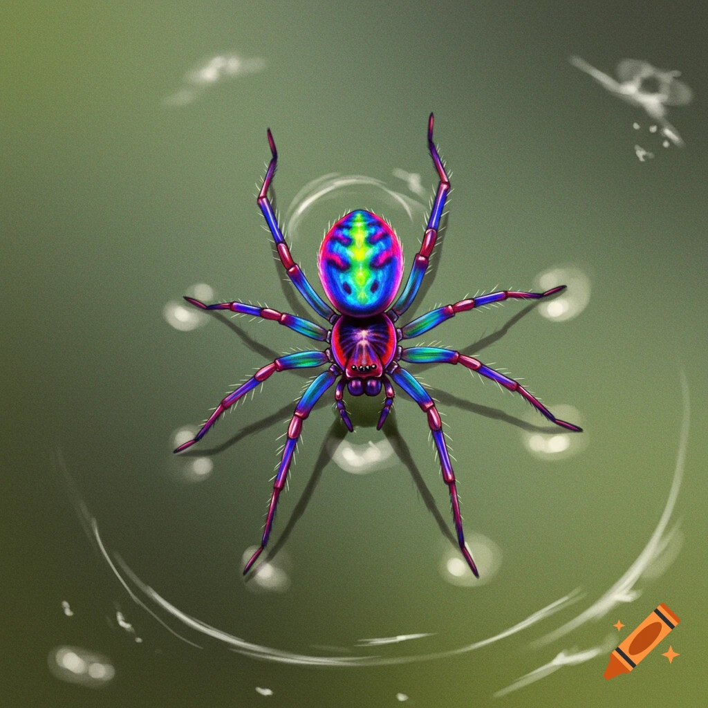 Illustration of a vibrant rainbow-colored spider viewed from above on a ...