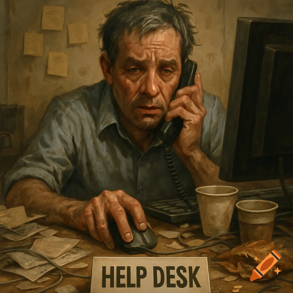 Painterly depiction of a tired help desk worker on the phone at a messy ...