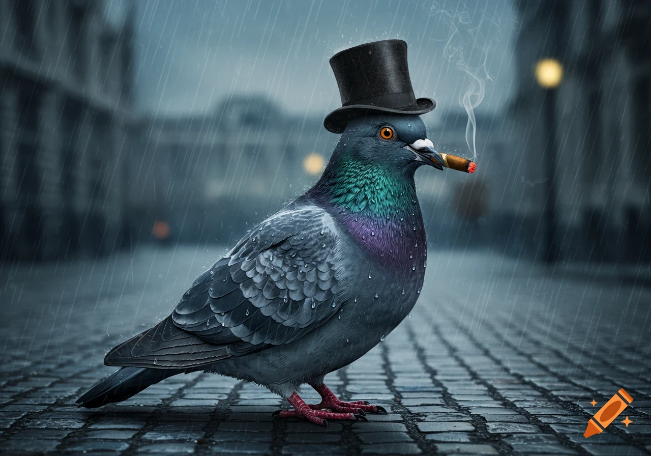 A pigeon in a top hat smoking a cigar in the rain on Craiyon