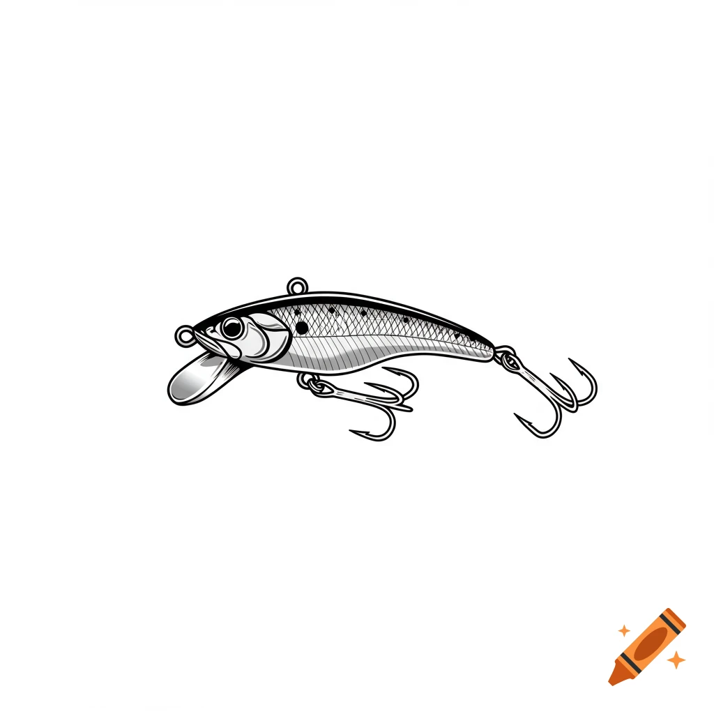 Black and white drawing of a fishing lure on Craiyon