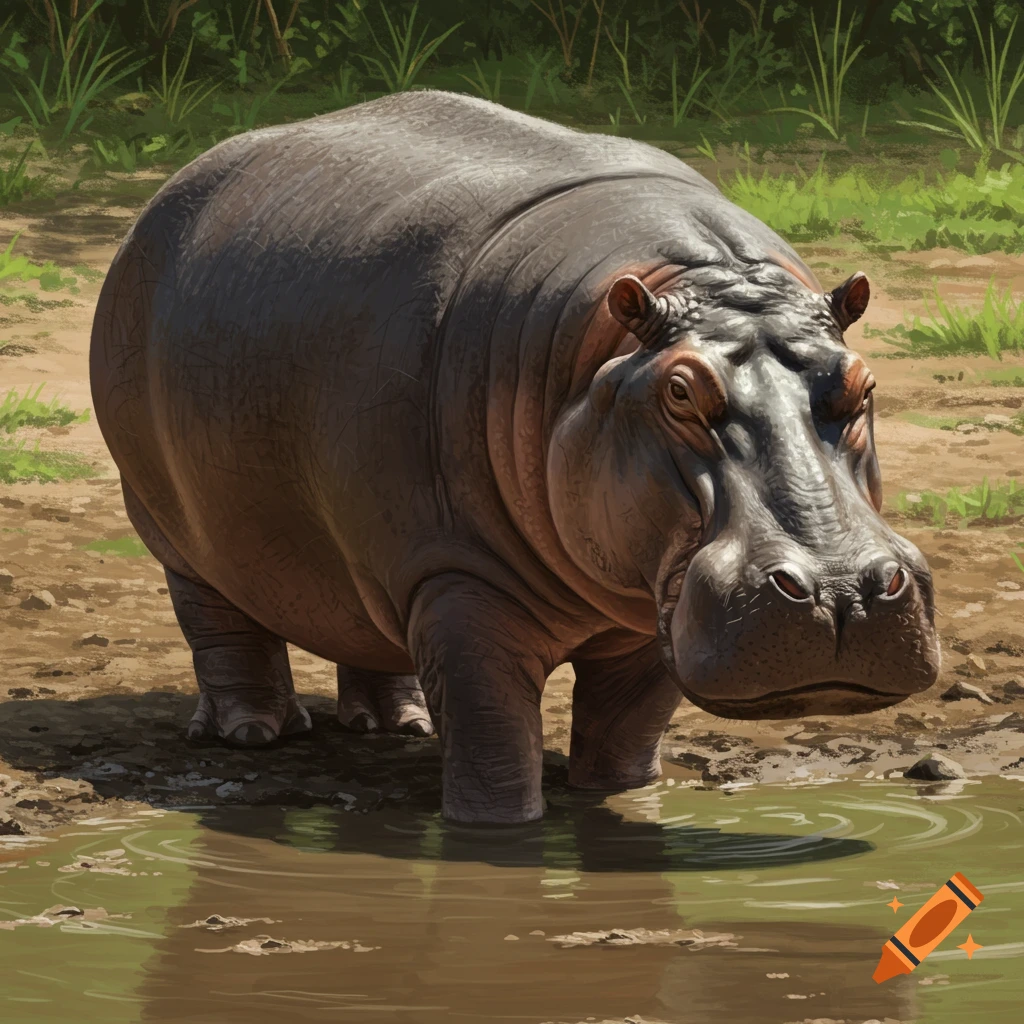 A realistic hippo stands in shallow muddy water near a grassy bank. on ...