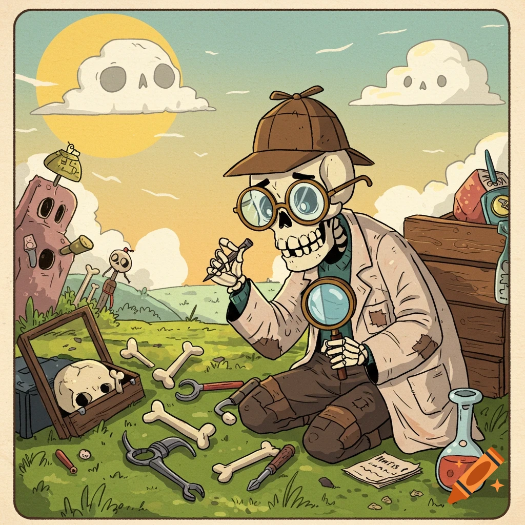 A cartoon skeleton detective examines bones in a field with a ...