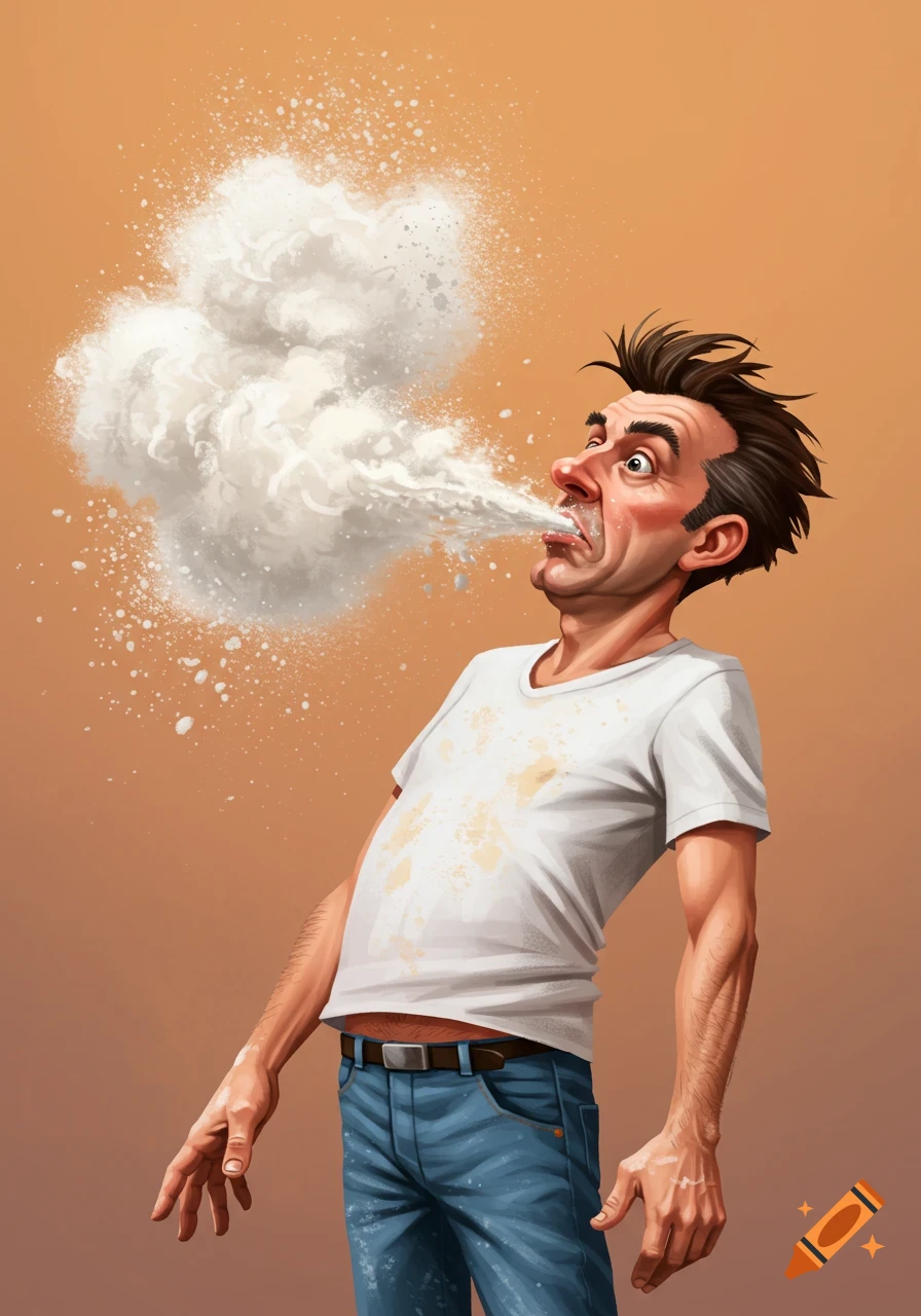 Cartoon illustration of a man spitting a cloud of white powder on Craiyon