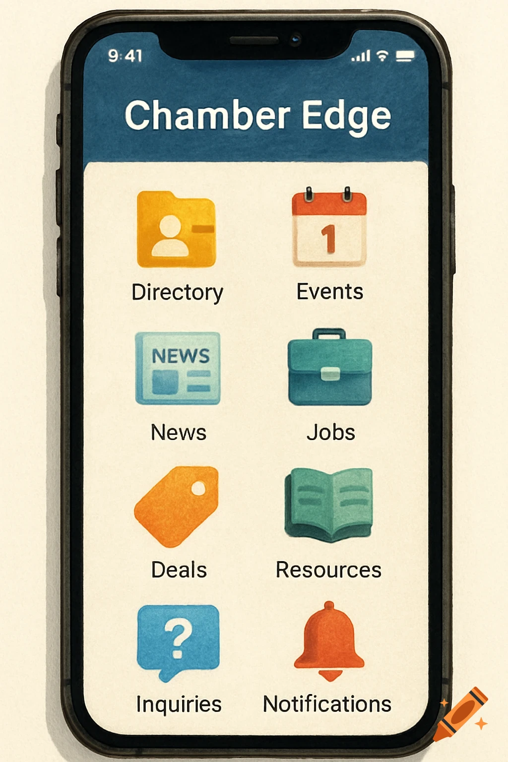 Mockup of a phone app interface with icons for directory, events, news ...