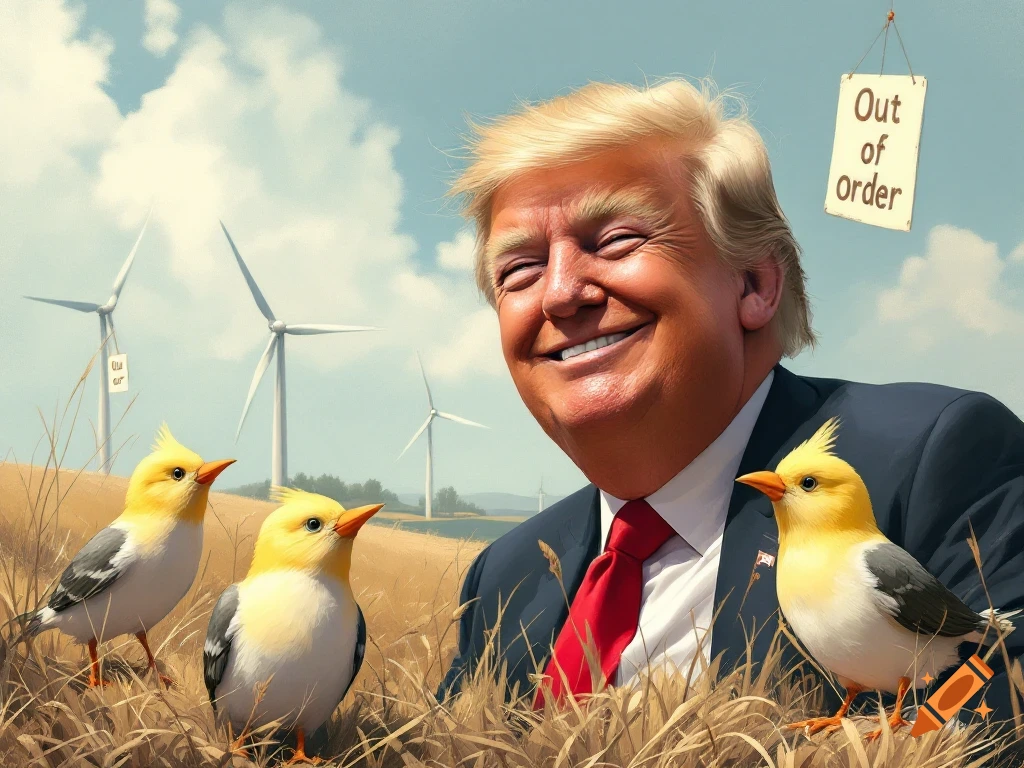 Donald Trump smiling in a field with birds and out of order wind ...