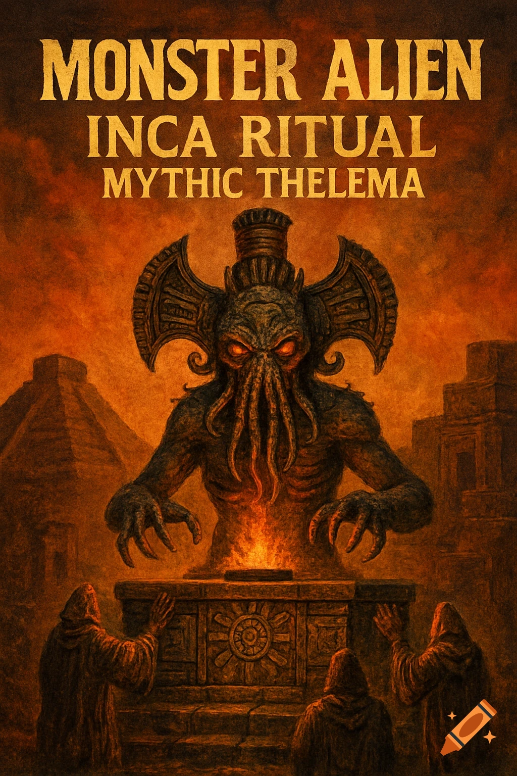 A tentacled monster overseeing a ritual with hooded figures and ...