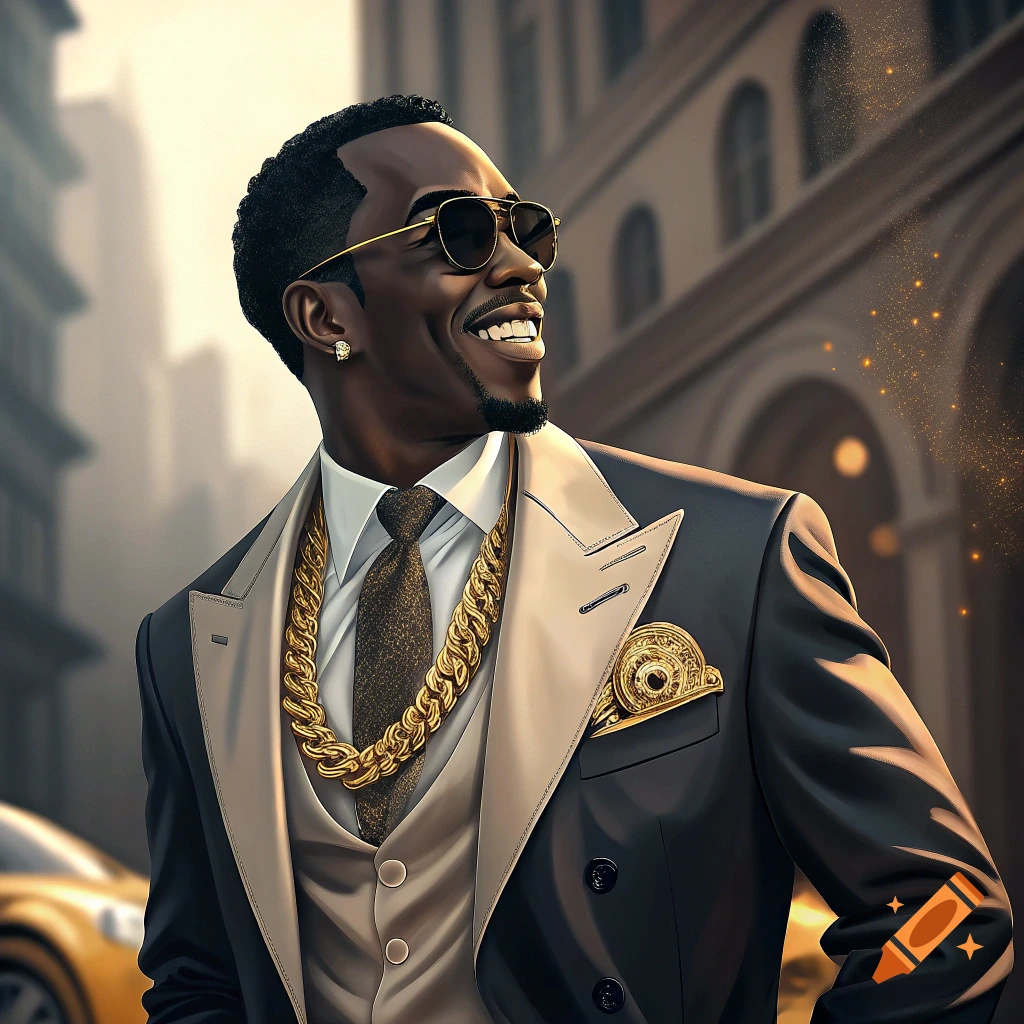 Stylish man in suit, sunglasses, and gold chains smiling in a city. on ...