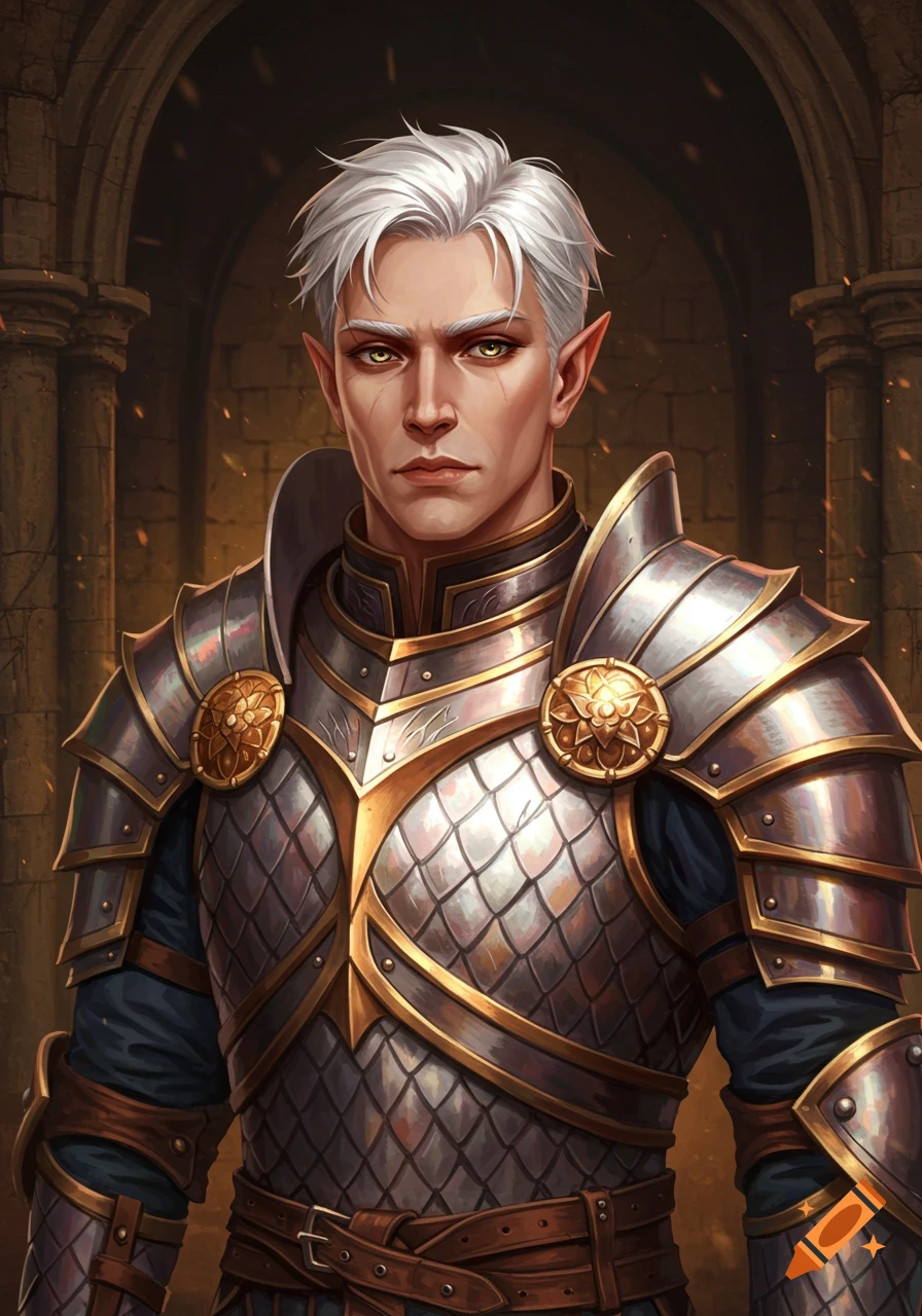 Male elf with white hair and hazel eyes wearing scale armor in a ...