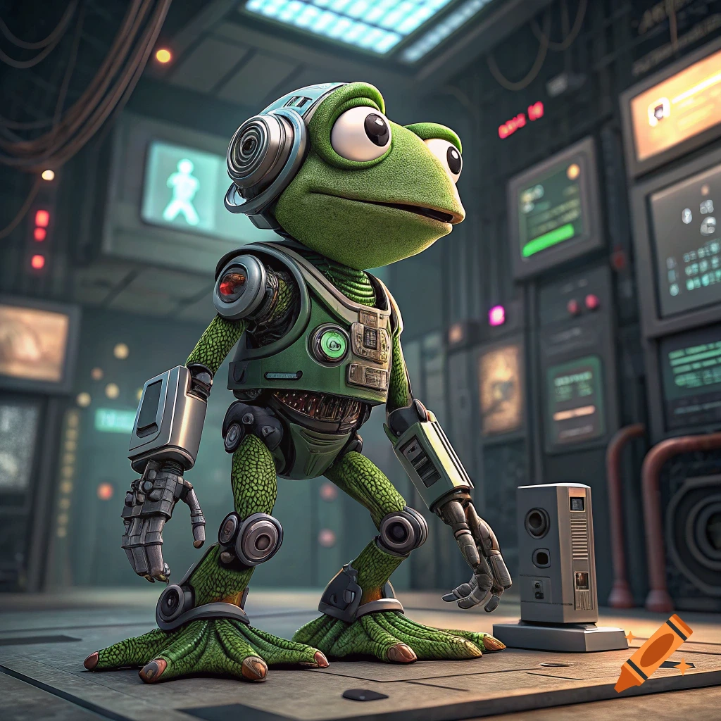 A cartoon robot frog wearing headphones stands in a futuristic room ...