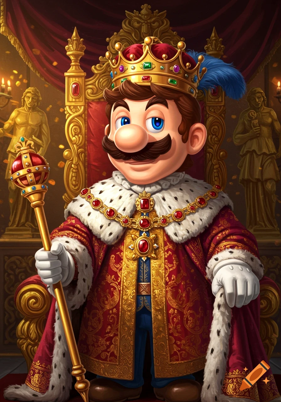 Mario sits on a throne wearing a king's crown and royal robes. on Craiyon