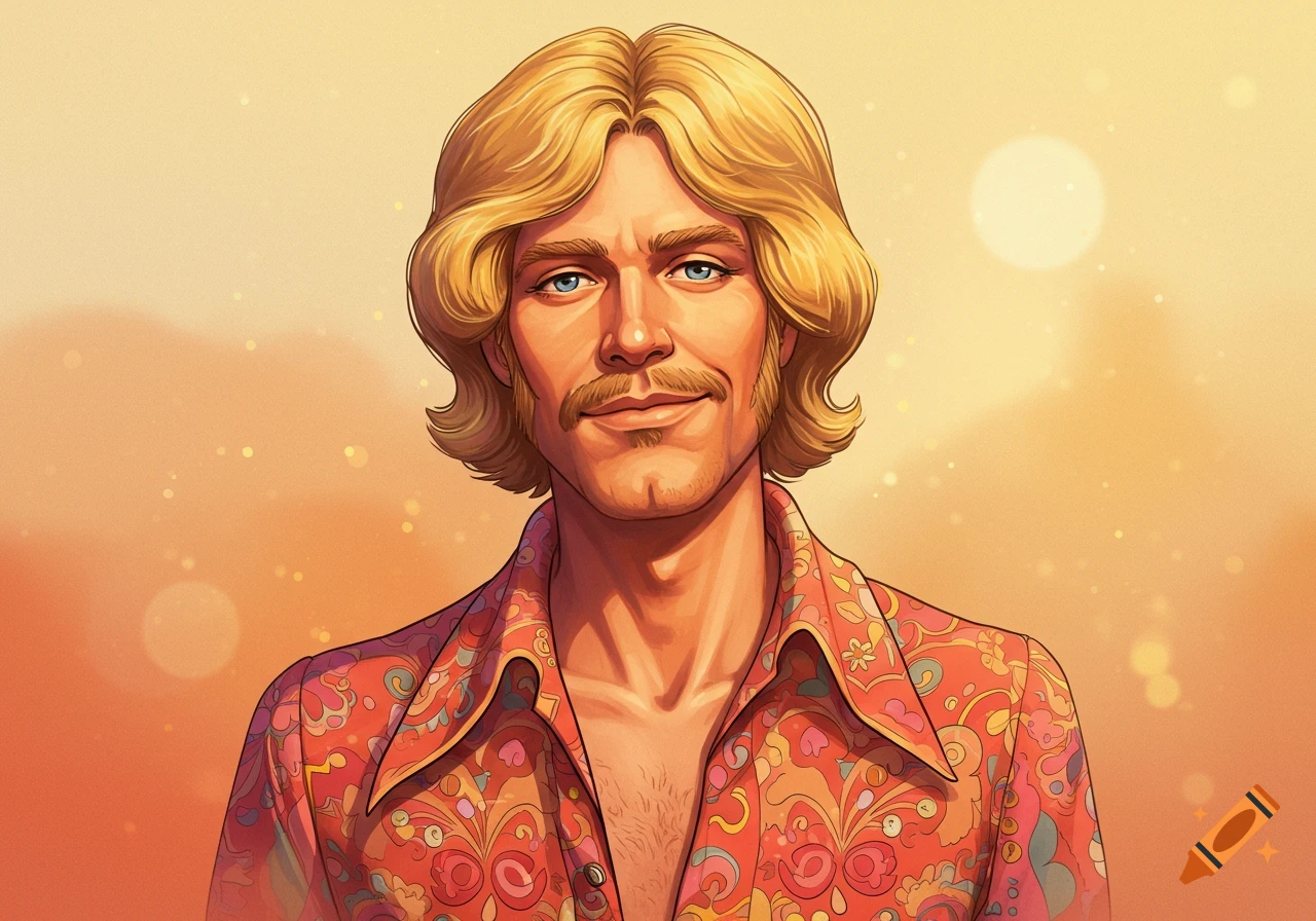 A stylized portrait of a man with blonde hair and mustache wearing a ...